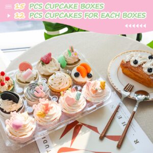 Moretoes Cupcake Containers(12 Pack x 15 Sets), 12.5 x 10 x 3.75 Cupcake Boxes, 15 Pack Cupcake Carrier Holders Plastic Cupcake Boxes with Detachable Lid for 180 Cupcakes