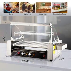 18 Hot Dog 7 Roller 1050W, Hot Dog Roller Grill Cooker Machine w/LED Lighting, Dual Temp Control, Cover, Removable Shelf & Drip Tray for Home Party Commercial