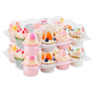 Moretoes (12 Pack x 25 Sets) Stackable Cupcake Containers with 300 Cupcake Liners, High Tall Dome Lid Cupcake Carrier for 12 Cupcakes, Plastic Cupcake Boxes with Detachable Lid