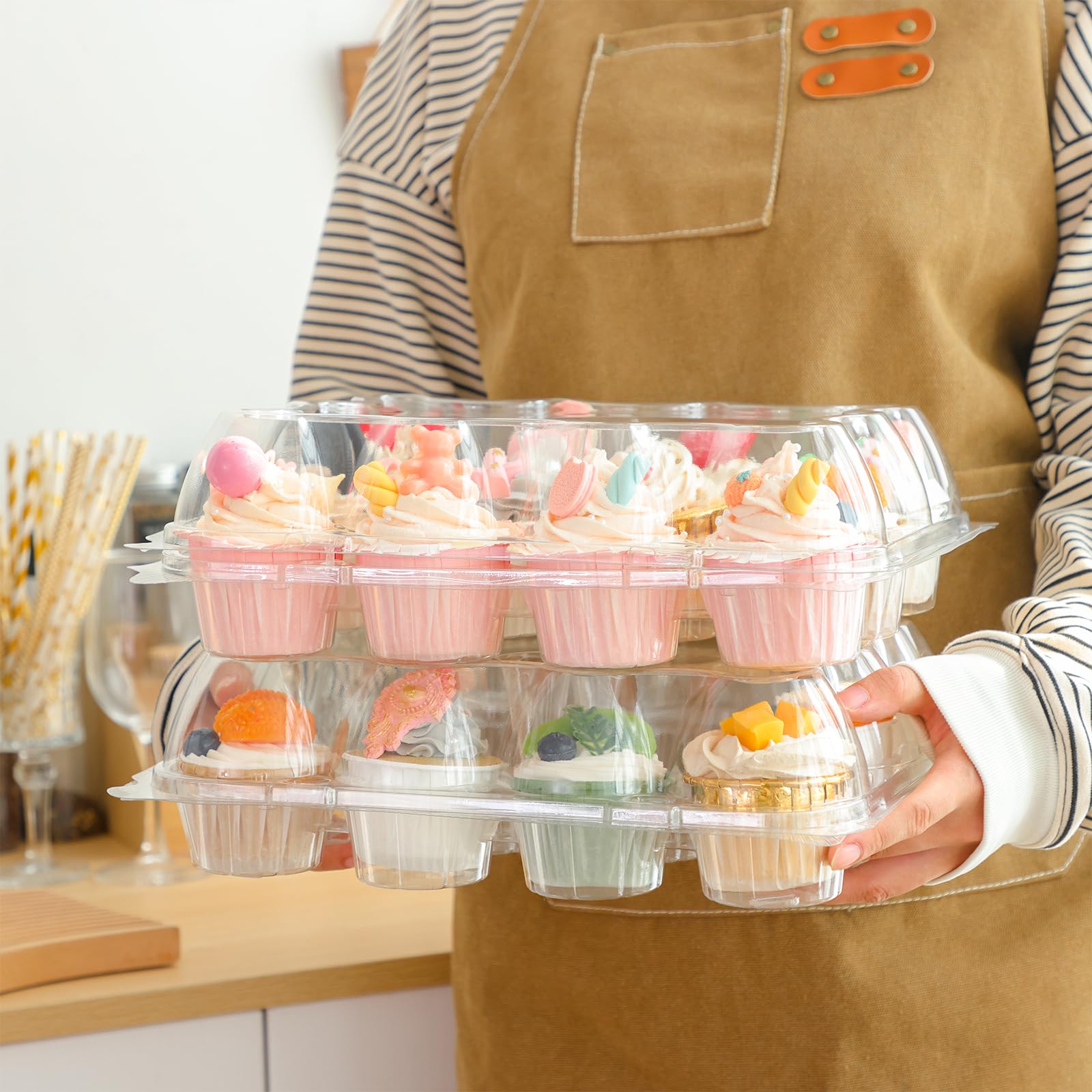 Moretoes (12 Pack x 25 Sets) Stackable Cupcake Containers with 300 Cupcake Liners, High Tall Dome Lid Cupcake Carrier for 12 Cupcakes, Plastic Cupcake Boxes with Detachable Lid