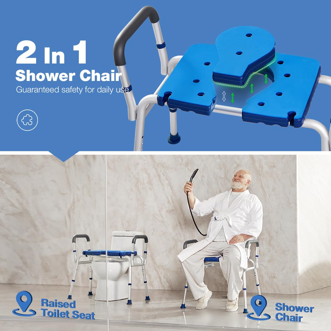 GreenChief 2 in 1 Heavy Duty Shower Chair 700lbs, Bariatric Bath Bench with Cutout Seat & GreenChief Toilet Safety Rail, Medical Bathroom Safety Frame for Elderly, Handicap and Disabled