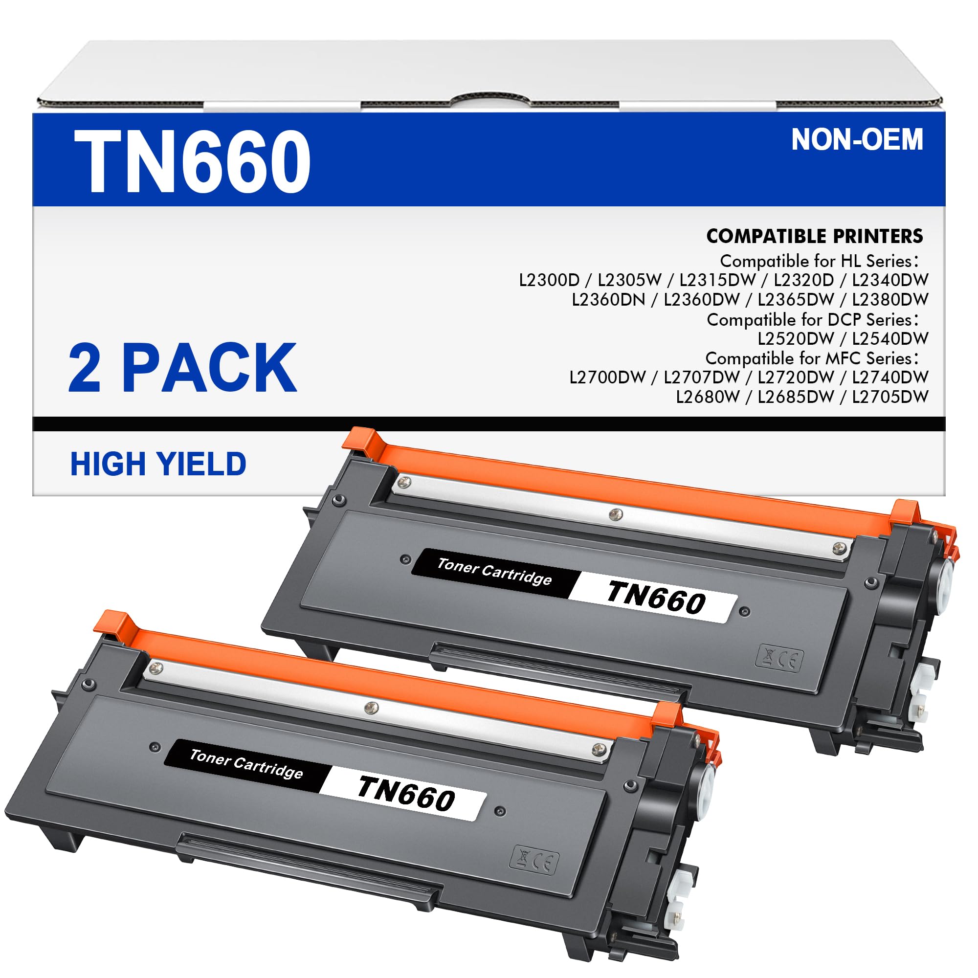 TN660 TN-660 High Yield Toner Cartridge Replacement for Brother TN660 TN-660 TN630 Compatible with Brother HL-L2300D HL-L2305W HL-L2380DW HL-L2320D HL-L2340DW DCP-L2540DW Printer (Black, 2 Pack)