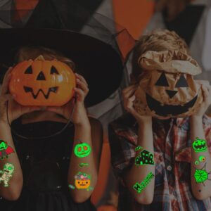 CHARLENT Luminous Halloween Temporary Tattoos for Kids Party Supplies - 120 Styles Glow in The Dark Halloween Pumpkin Skeletons Tattoos for Boys Girls Halloween Party Favors Treats Goodie Bag Fillers