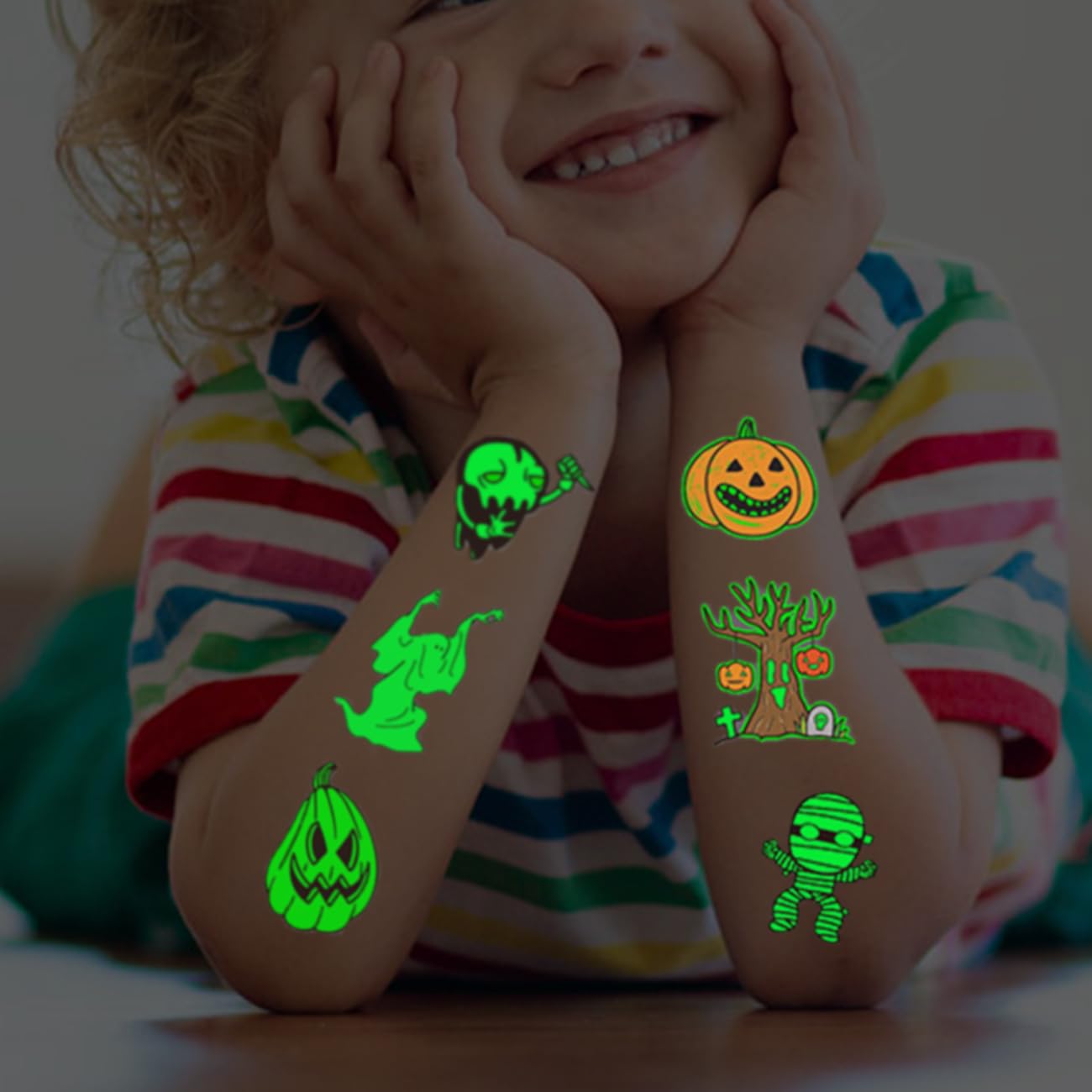 CHARLENT Luminous Halloween Temporary Tattoos for Kids Party Supplies - 120 Styles Glow in The Dark Halloween Pumpkin Skeletons Tattoos for Boys Girls Halloween Party Favors Treats Goodie Bag Fillers