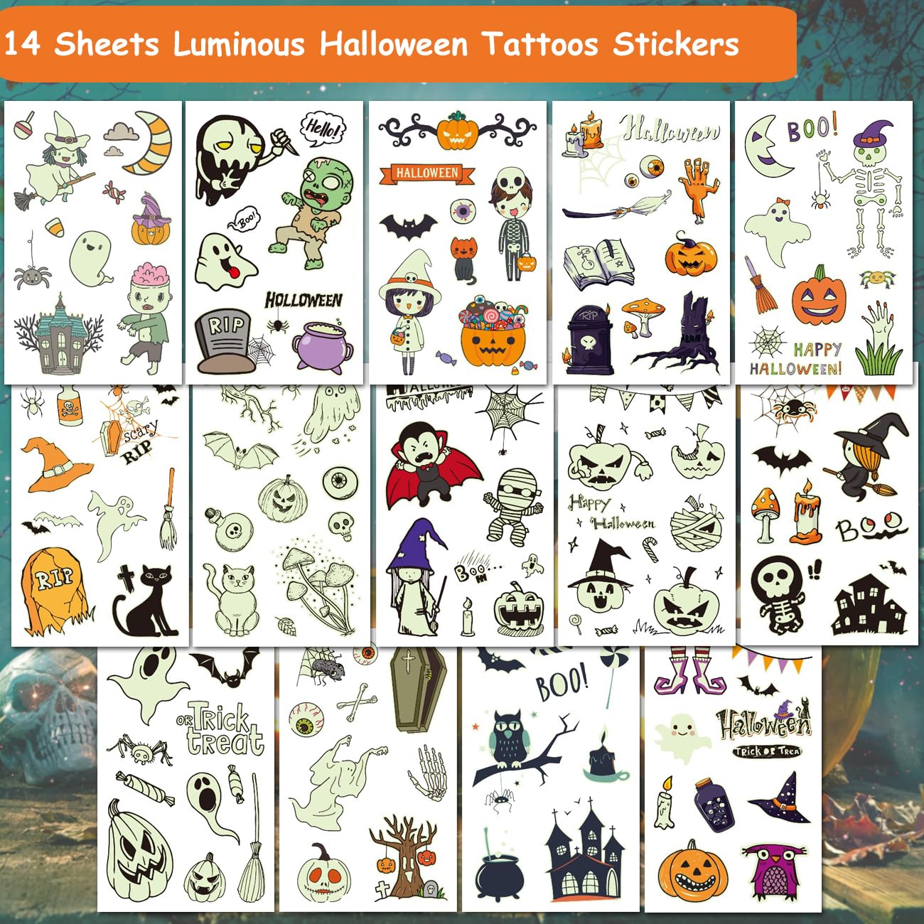 CHARLENT Luminous Halloween Temporary Tattoos for Kids Party Supplies - 120 Styles Glow in The Dark Halloween Pumpkin Skeletons Tattoos for Boys Girls Halloween Party Favors Treats Goodie Bag Fillers