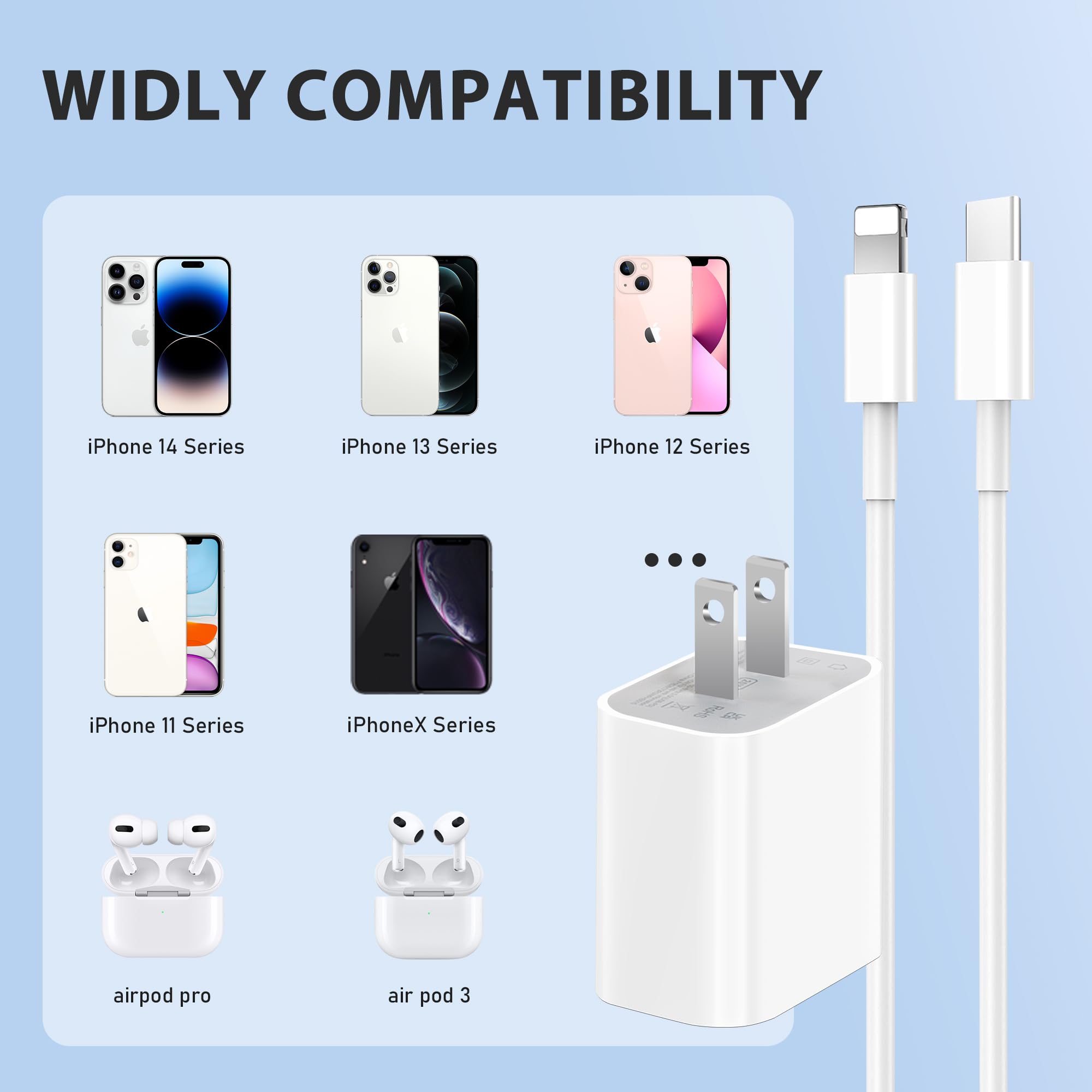 3-Pack 20w PD USB C Fast Wall Charger for iPhone Charger with 3-Pack 6FT Extra Long Charging Cables Compatible with i Phone 11 12 13 14 Plus/Pro/Pro Max/Mini/X/Xs Max/XR/ipad