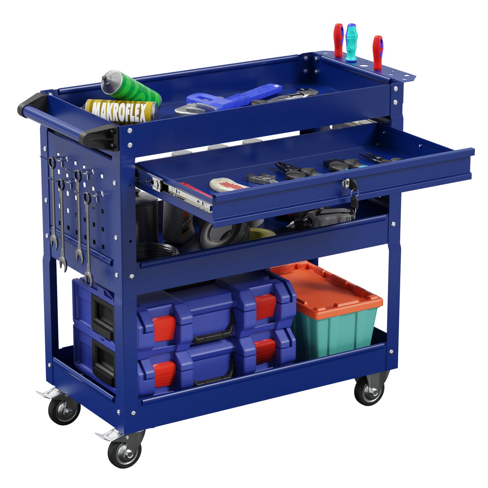 3 Tier Tool Cart on Wheels with Lockable Drawer, Heavy Duty Rolling Tool Cart,Large Storage Capability Tool Cart with Drawers, Suitable for Garage, Warehouse, and Repair Shop (blue)