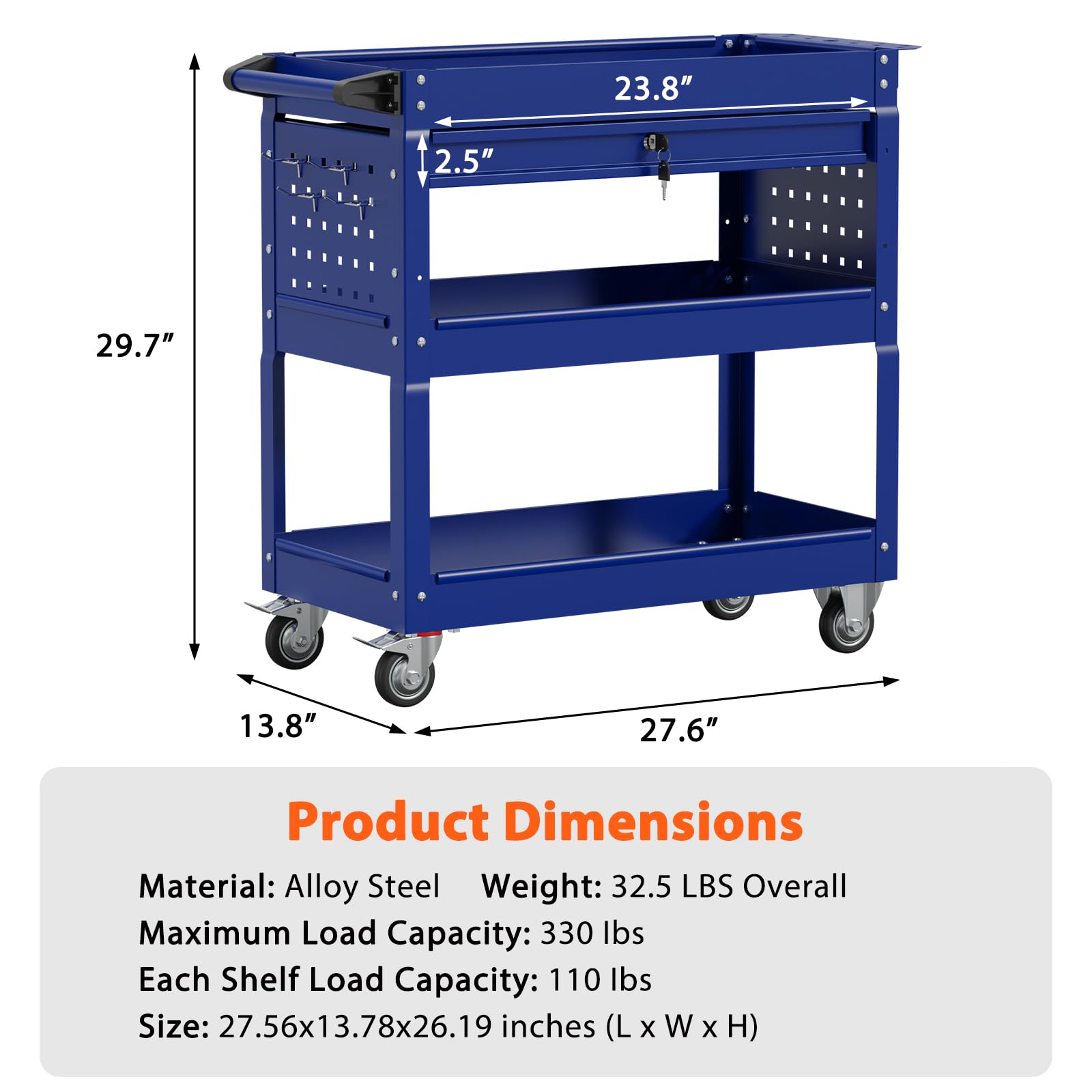 3 Tier Tool Cart on Wheels with Lockable Drawer, Heavy Duty Rolling Tool Cart,Large Storage Capability Tool Cart with Drawers, Suitable for Garage, Warehouse, and Repair Shop (blue)