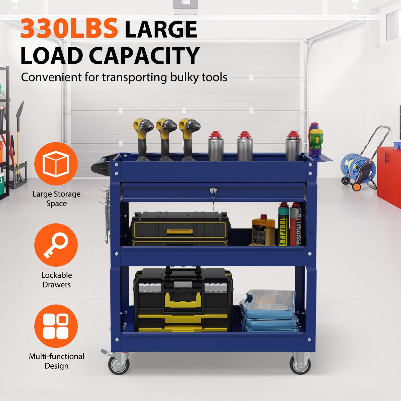 3 Tier Tool Cart on Wheels with Lockable Drawer, Heavy Duty Rolling Tool Cart,Large Storage Capability Tool Cart with Drawers, Suitable for Garage, Warehouse, and Repair Shop (blue)