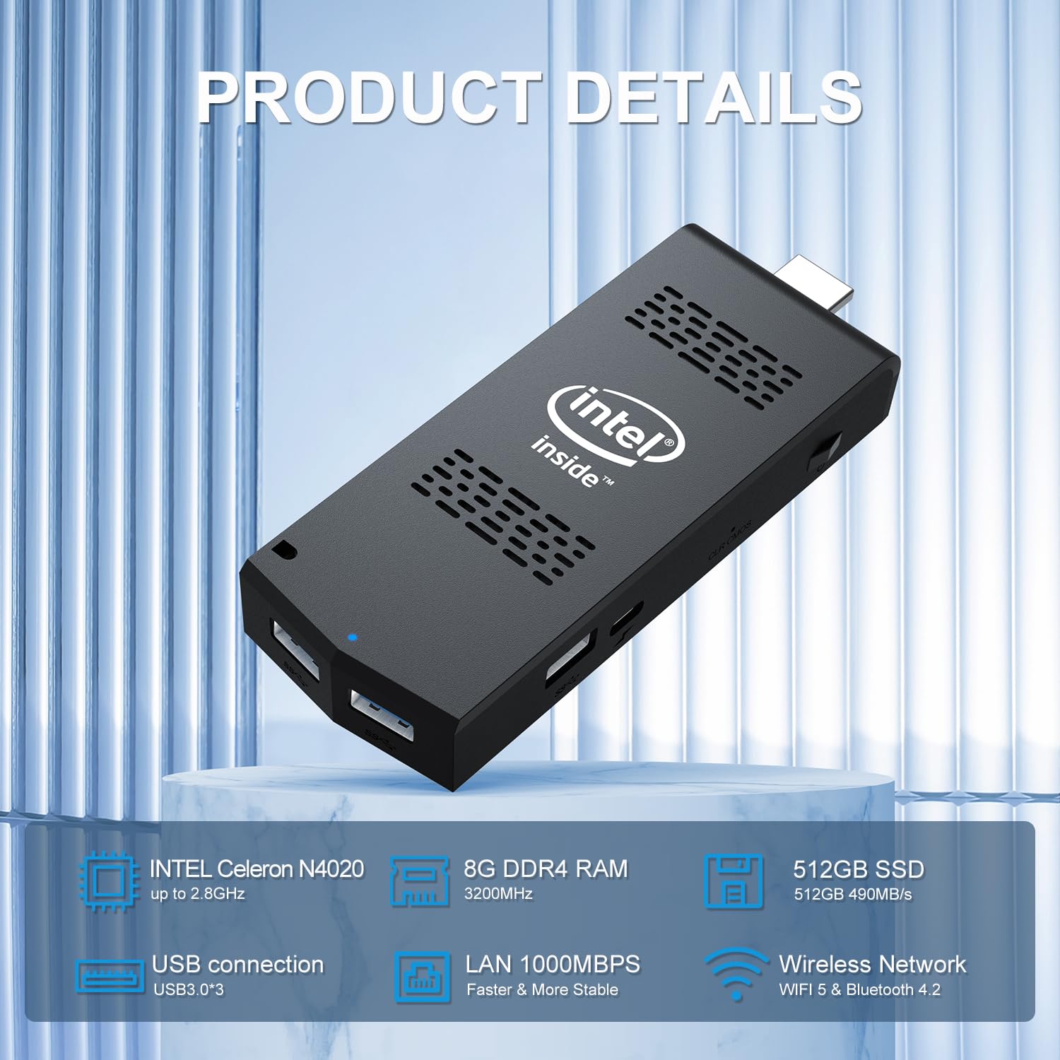 AKLWY Mini PC Stick Windows 11 Pro Celeron N4020 8GB DDR4 512GB SSD Mini Computer Intel Compute Stick Support HDMI 4K 60Hz, Gigabit Ethernet, 2.4G/5G WiFi, Bluetooth 4.2, Auto Power On