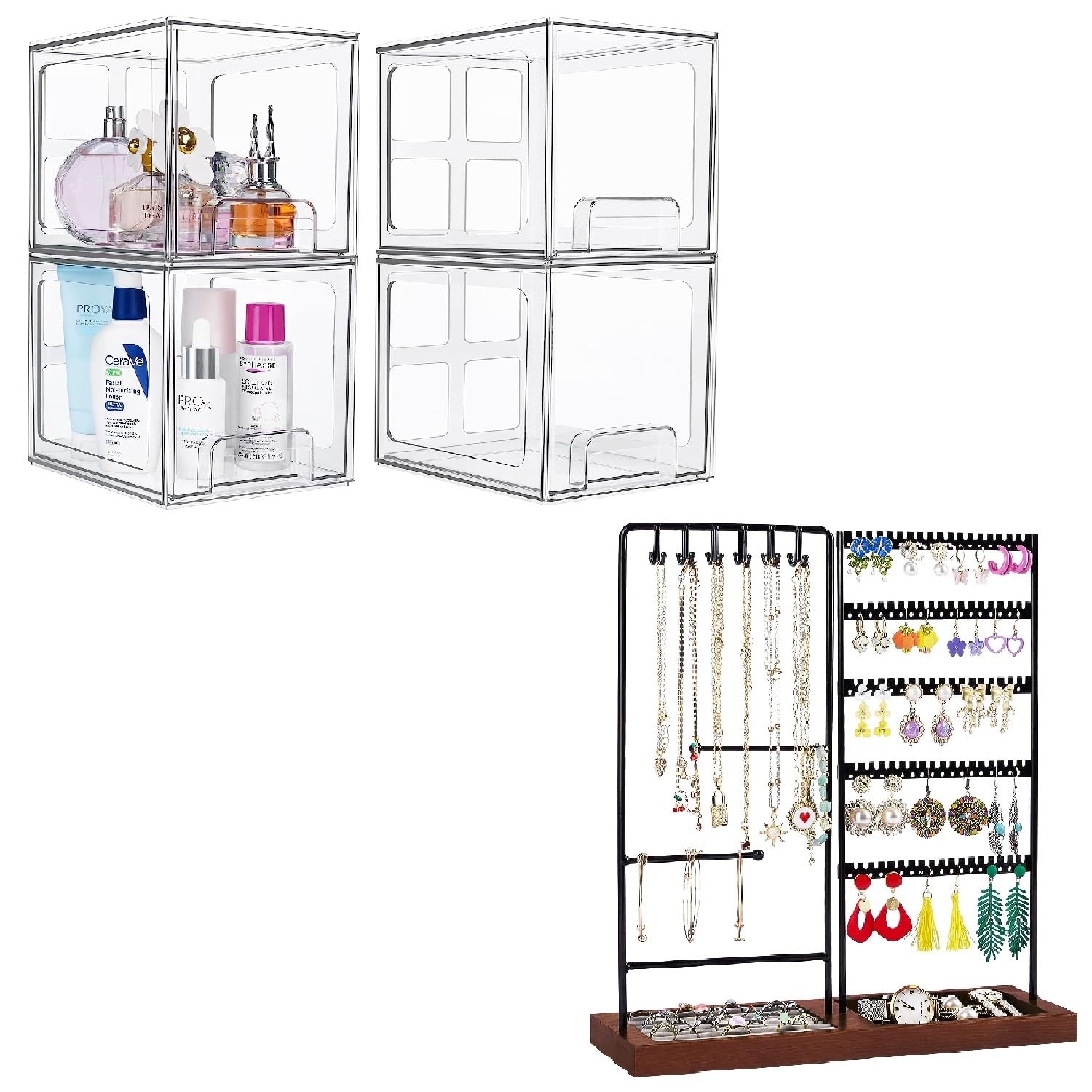 Vtopmart 4 Pack Stackable Makeup Organizer with Jewelry Organizer