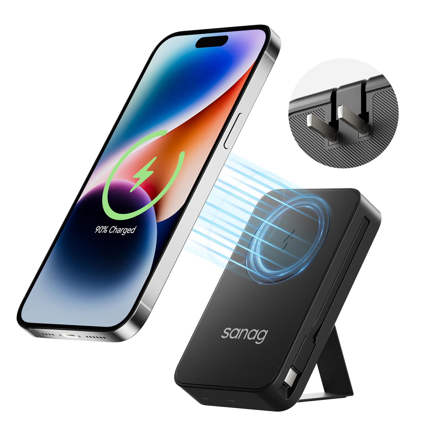 Sanag Wireless Portable Charger Power Bank 10000mAh with Built-in Cables, Magnetic Battery Pack with LED Display, AC Plug Input & 4 Output 22.5W PD Fast Charging Compatible with iPhone Android Phone