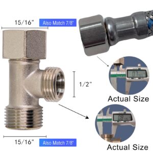 Bidet T Adapter - T Valve Adapter for Bidet, Made of Brass Coated Nickel(Thread Size 7/8″ x 7/8″ x 1/2″), 3 Way Adapter or Tee Connector