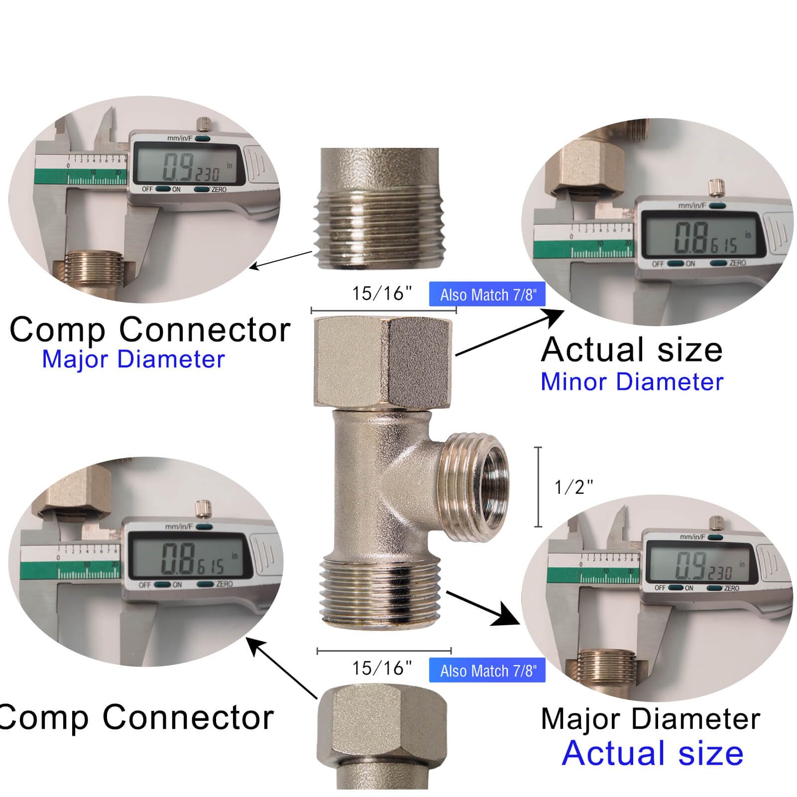 Bidet T Adapter - T Valve Adapter for Bidet, Made of Brass Coated Nickel(Thread Size 7/8″ x 7/8″ x 1/2″), 3 Way Adapter or Tee Connector