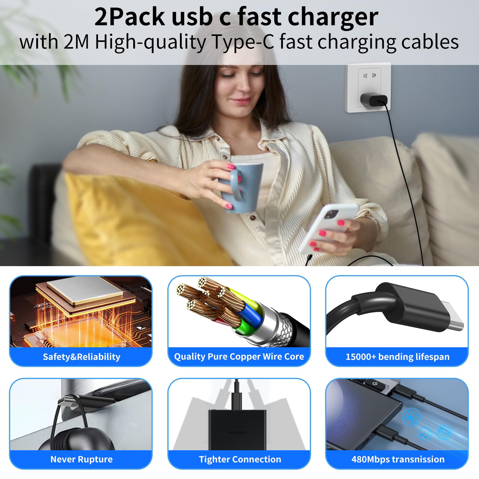 Type C Charger Fast Charging for Samsung 25W Fast Charger, 2-Pack PD/PPS USB C Fast Wall Charger Block with 6FT Type C to Type C Cable for Samsung Galaxy S23/S22/S21/S20/Note 20/Note 10/ iPhone 15