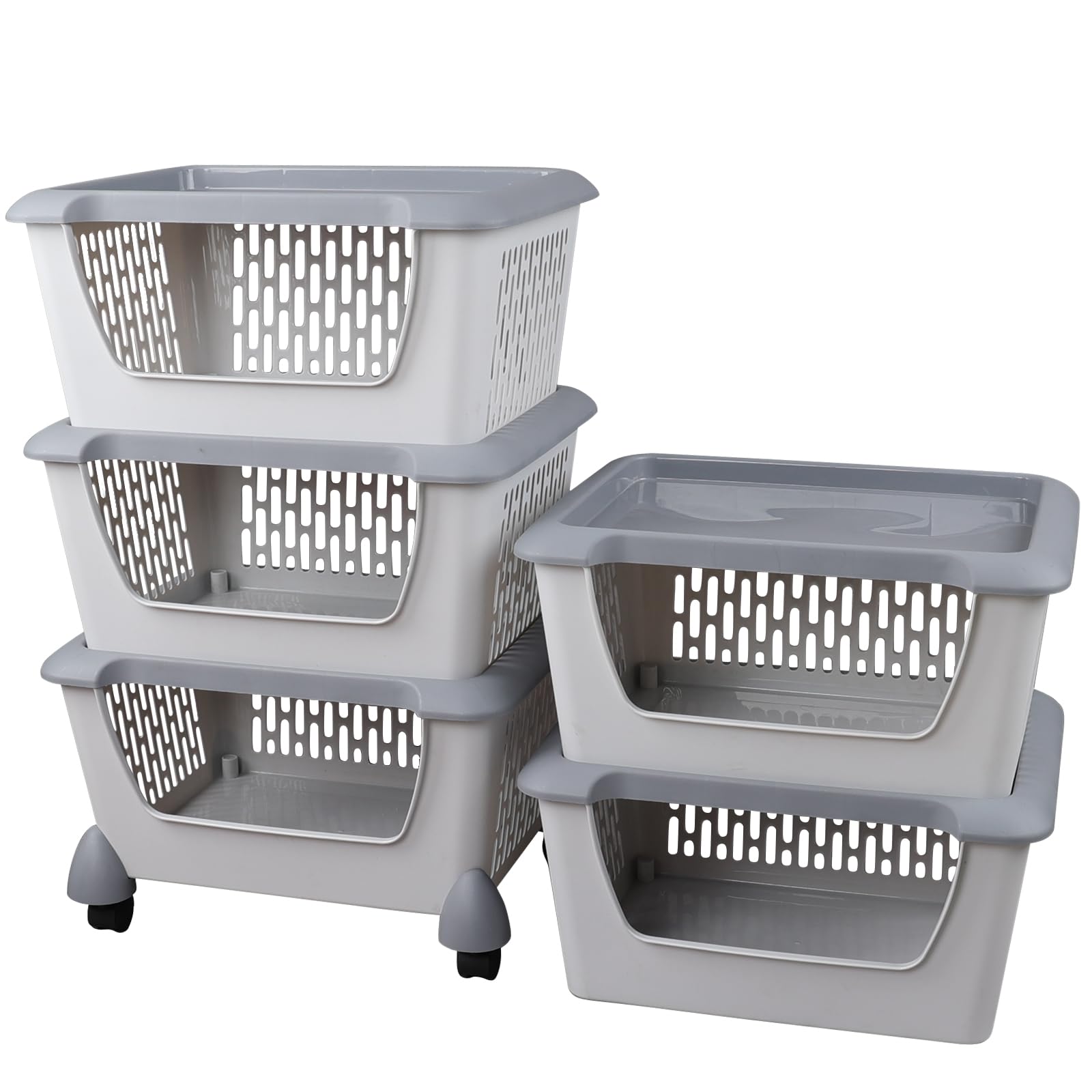 Kiddream 5 Tiers Plastic Stackable Baskets with Wheels, Grey Stacking Organizer Basket Bins