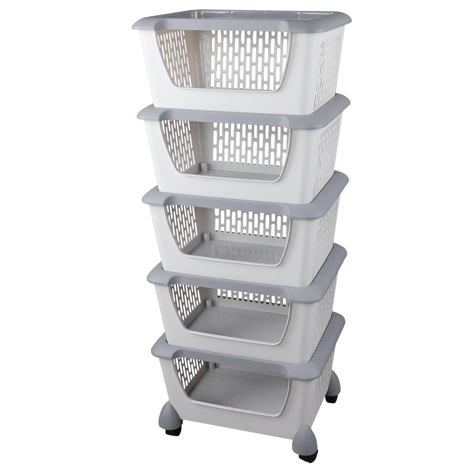 Kiddream 5 Tiers Plastic Stackable Baskets with Wheels, Grey Stacking Organizer Basket Bins