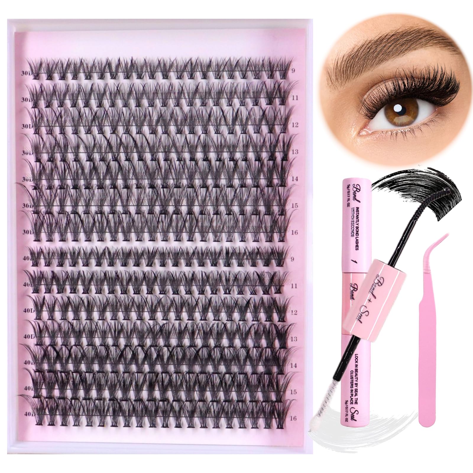 Volume Lash Clusters DIY Lash Extension Kit 300pcs Individual Lashes Kit D Curl Eyelashes Clusters With Bond and Seal 30D 40D 9mm-16mm for Self Application ，by Zovimi (30D+40D Lash Extension Kit)