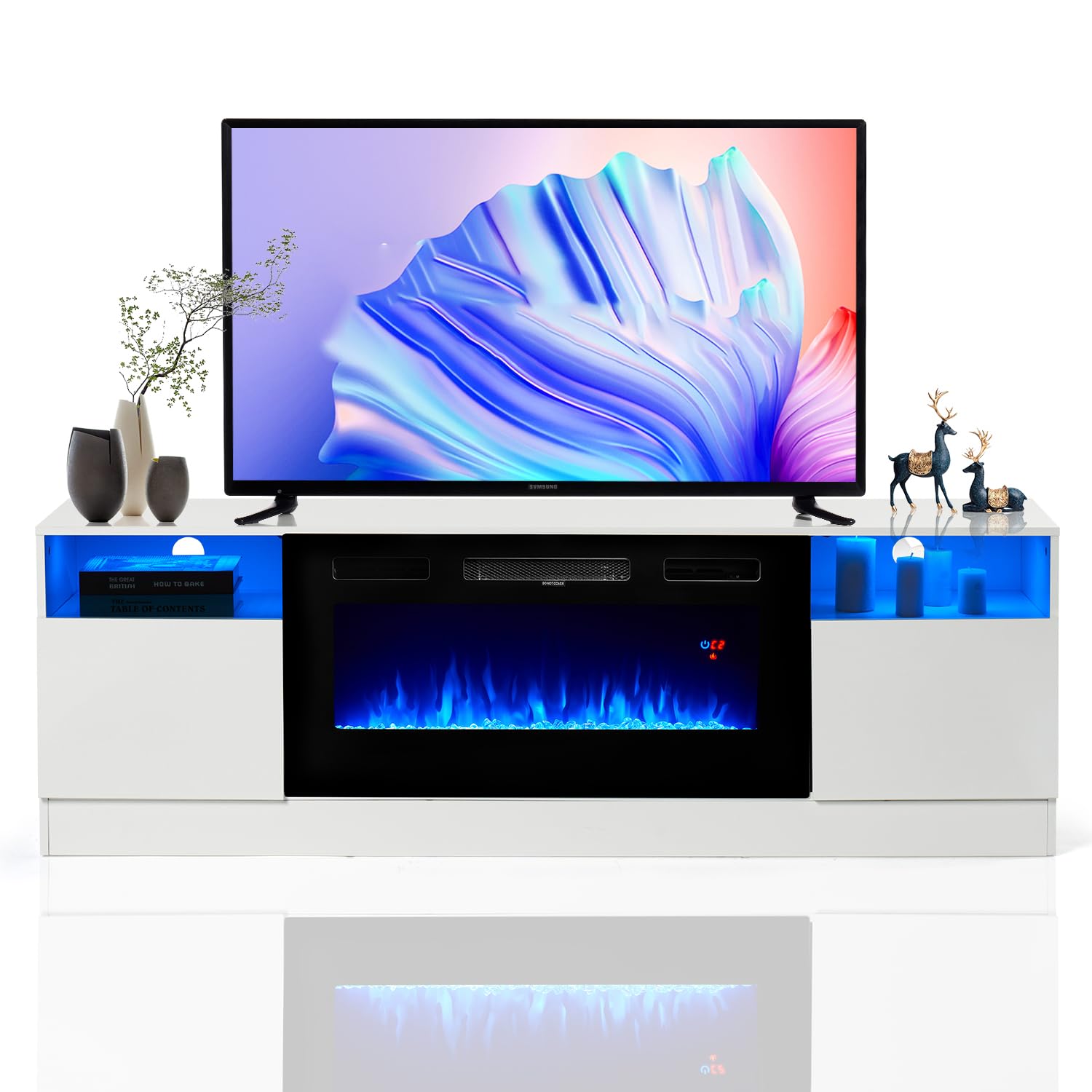 Breezestival Fireplace TV Stand with 36" Electric Fireplace,Entertainment Center with LED Light, Modern Wood Texture with Highlight Storage Cabinet for TVs Up to 80", 70 inches,White