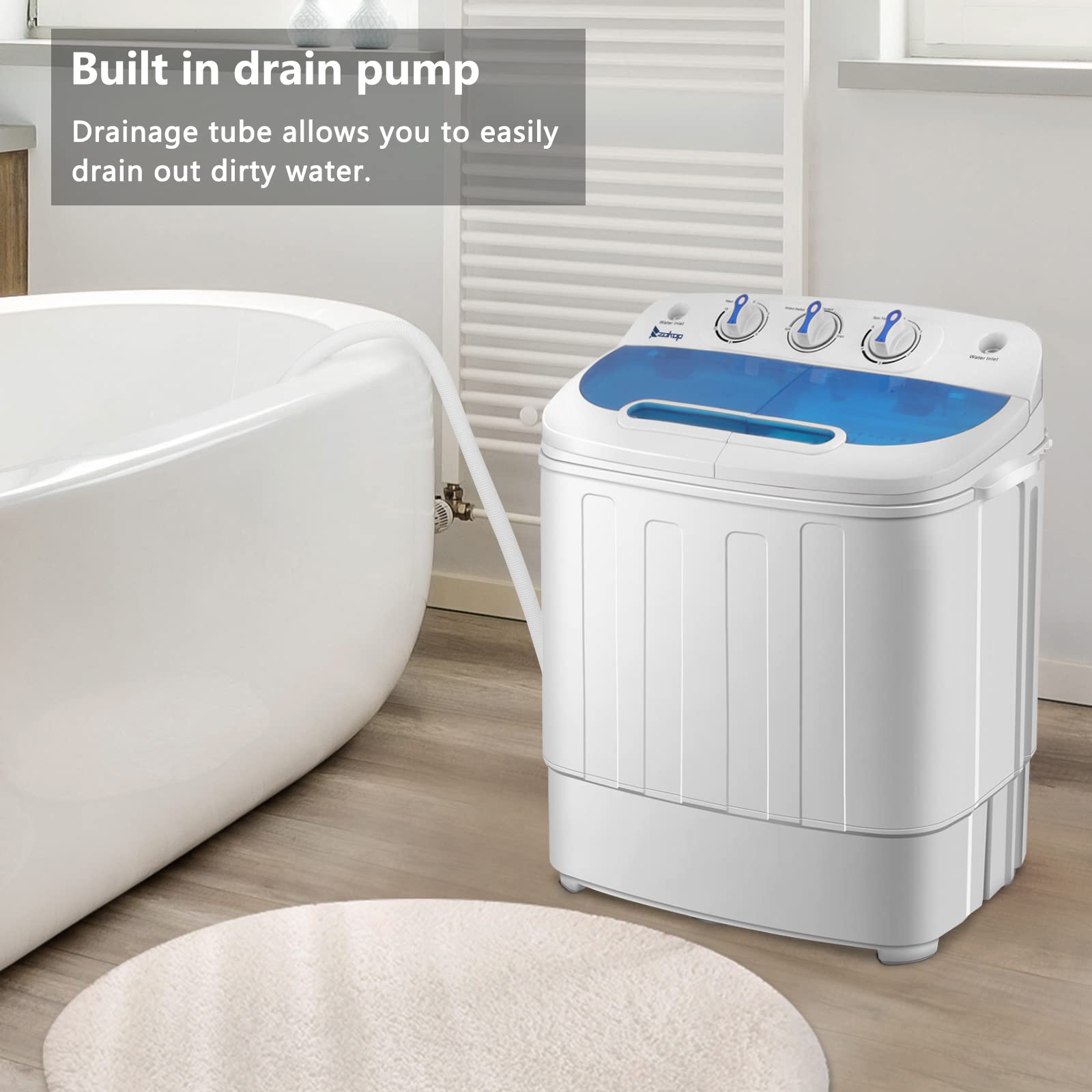 Winado Portable Washing Machine 15LBS, Compact Mini Washer Machine & Dryer Combo, Built-in Gravity Drain, Small Twin Tub Washer with Spin Cycle for College Rooms, Apartments, Dorms, RV