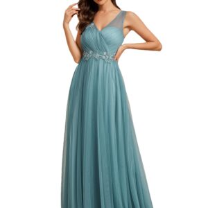 Ever-Pretty Women's V Neck Sleeveless See-Through A-line Flowy Maxi Bridesmaid Dresses for Women Dusty Blue US10