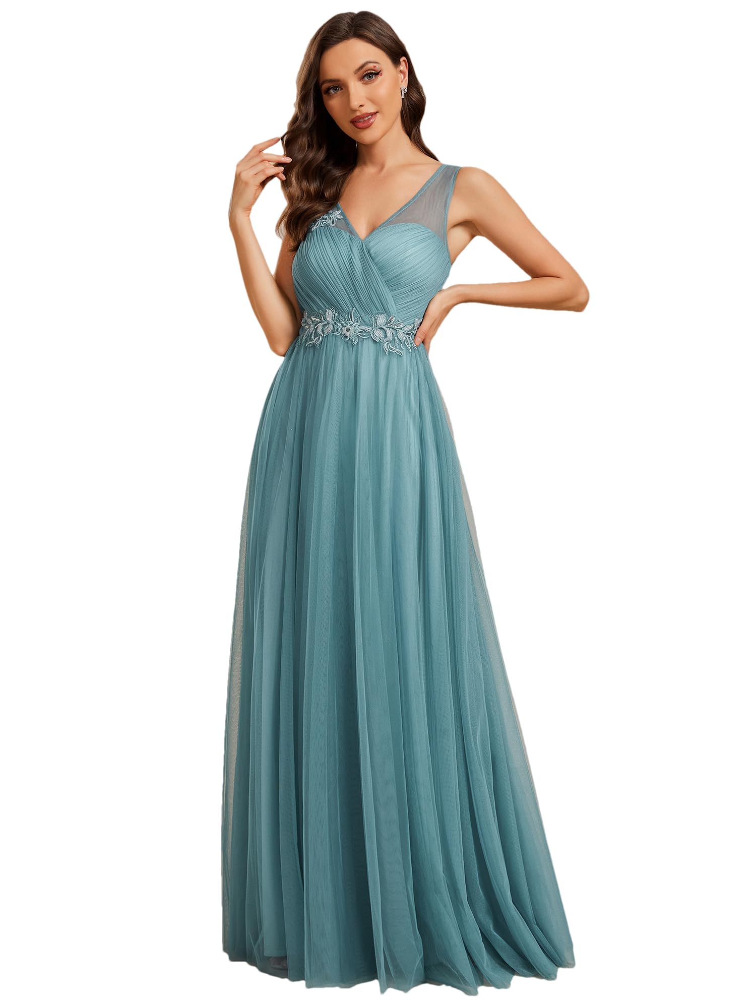 Ever-Pretty Women's V Neck Sleeveless See-Through A-line Flowy Maxi Bridesmaid Dresses for Women Dusty Blue US10