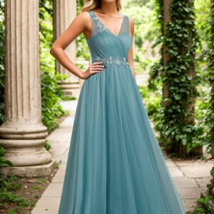 Ever-Pretty Women's V Neck Sleeveless See-Through A-line Flowy Maxi Bridesmaid Dresses for Women Dusty Blue US10