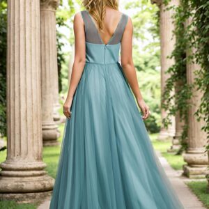 Ever-Pretty Women's V Neck Sleeveless See-Through A-line Flowy Maxi Bridesmaid Dresses for Women Dusty Blue US10