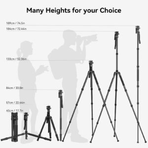 SmallRig CT190 Professional Video Tripod, 72" Camera Tripod with Leveling Base, Monopod Conversion, Video Tripod for Travel, Video and Vlogging, with Carry Bag, Load up to 8.8 lbs/4 kg - 4319