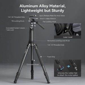 SmallRig CT190 Professional Video Tripod, 72" Camera Tripod with Leveling Base, Monopod Conversion, Video Tripod for Travel, Video and Vlogging, with Carry Bag, Load up to 8.8 lbs/4 kg - 4319