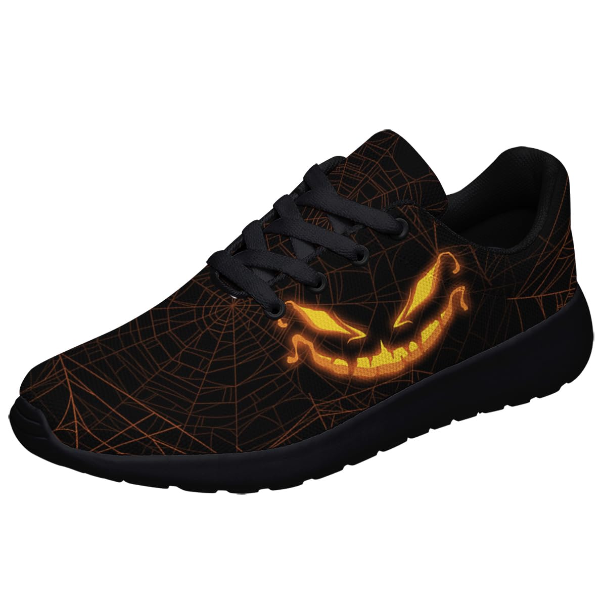 Halloween Spider Web Pumpkin Face Print Shoes for Men Women Running Sneakers Breathable Casual Sport Tennis Shoes Gift for Him Her Black Size 9.5