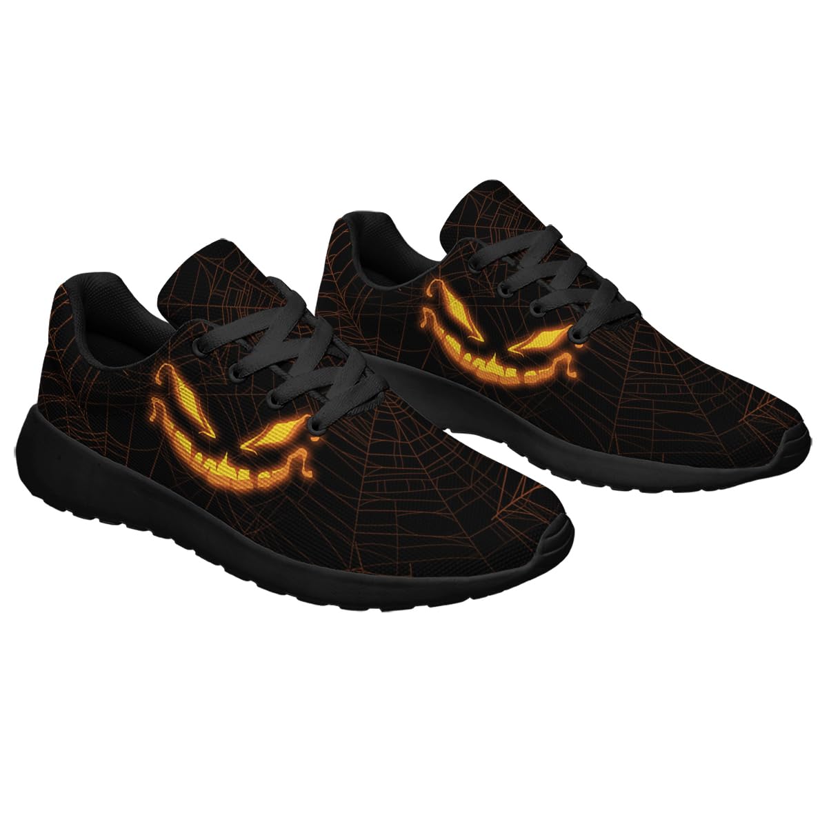 Halloween Spider Web Pumpkin Face Print Shoes for Men Women Running Sneakers Breathable Casual Sport Tennis Shoes Gift for Him Her Black Size 9.5