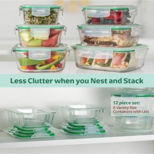 Fusion Gourmet Glass Meal Prep Containers with Lids [6 Pack] Storage Containers, Leak proof, Airtight Locking Lids, Microwave, Oven, Freezer & Dishwasher Safe