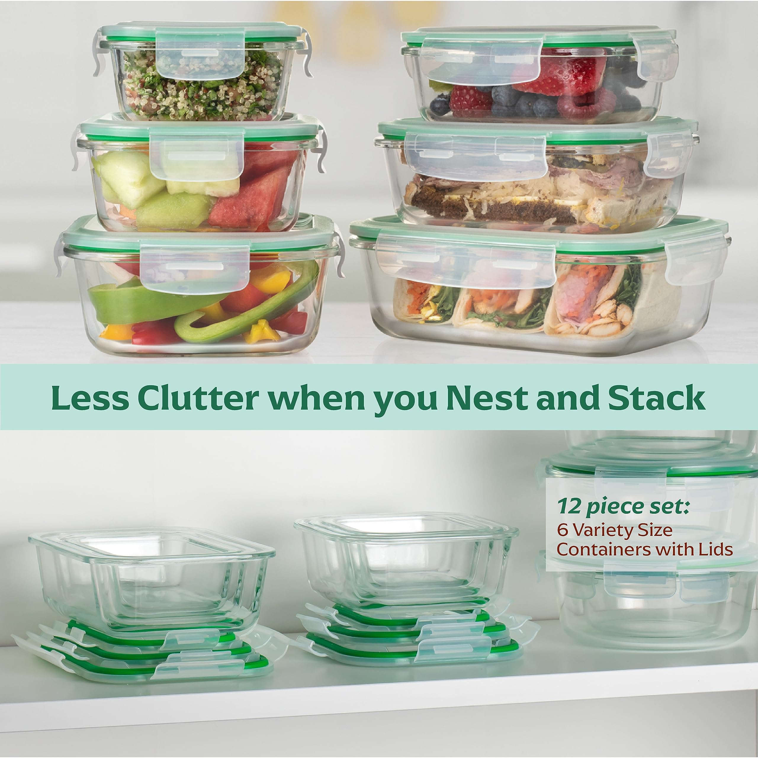 Fusion Gourmet Glass Meal Prep Containers with Lids [6 Pack] Storage Containers, Leak proof, Airtight Locking Lids, Microwave, Oven, Freezer & Dishwasher Safe