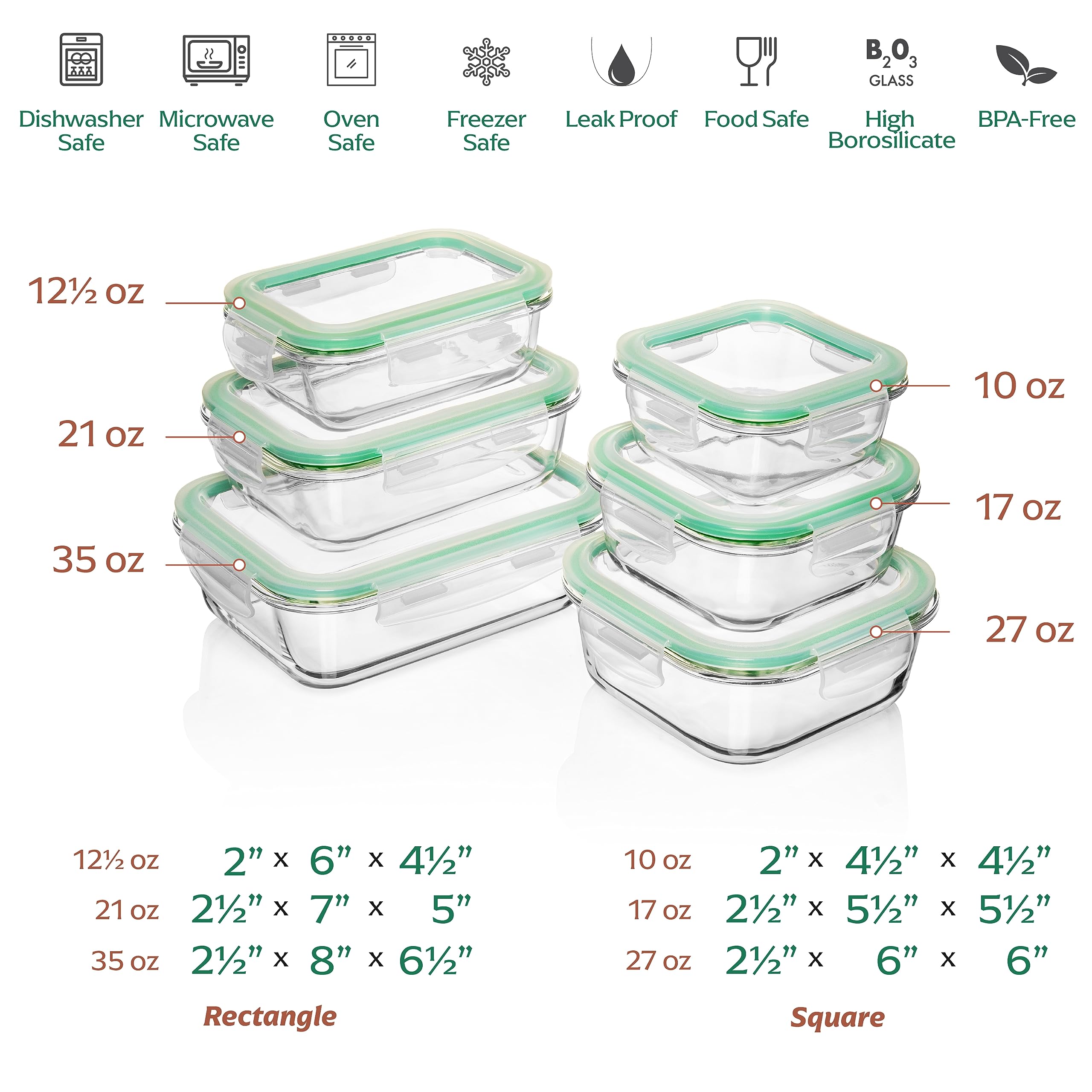 Fusion Gourmet Glass Meal Prep Containers with Lids [6 Pack] Storage Containers, Leak proof, Airtight Locking Lids, Microwave, Oven, Freezer & Dishwasher Safe