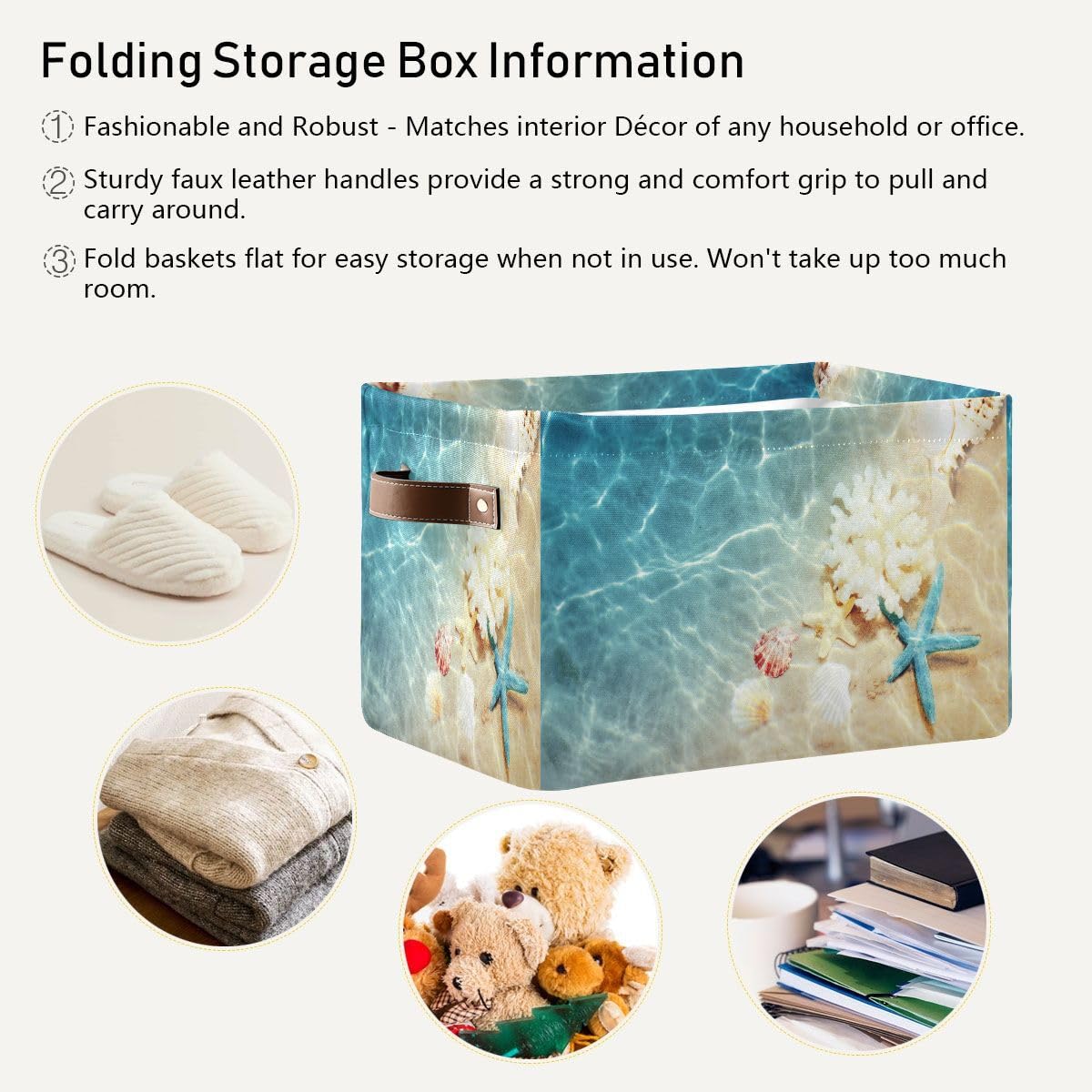 HMZXZ Starfish Beach Nautical Storage Basket Bin Ocean Seashell Large Fabric Toys Storage Cube Box with Handles Closet Collapsible Shelf Cloth Organizer Basket for Nursery Bedroom