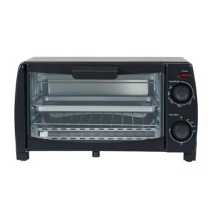 dominion 4 slice small toaster oven countertop, retro compact design, multi-function with 30-minute timer, bake, broil, toast, 1000 watts, 2-rack capacity, black