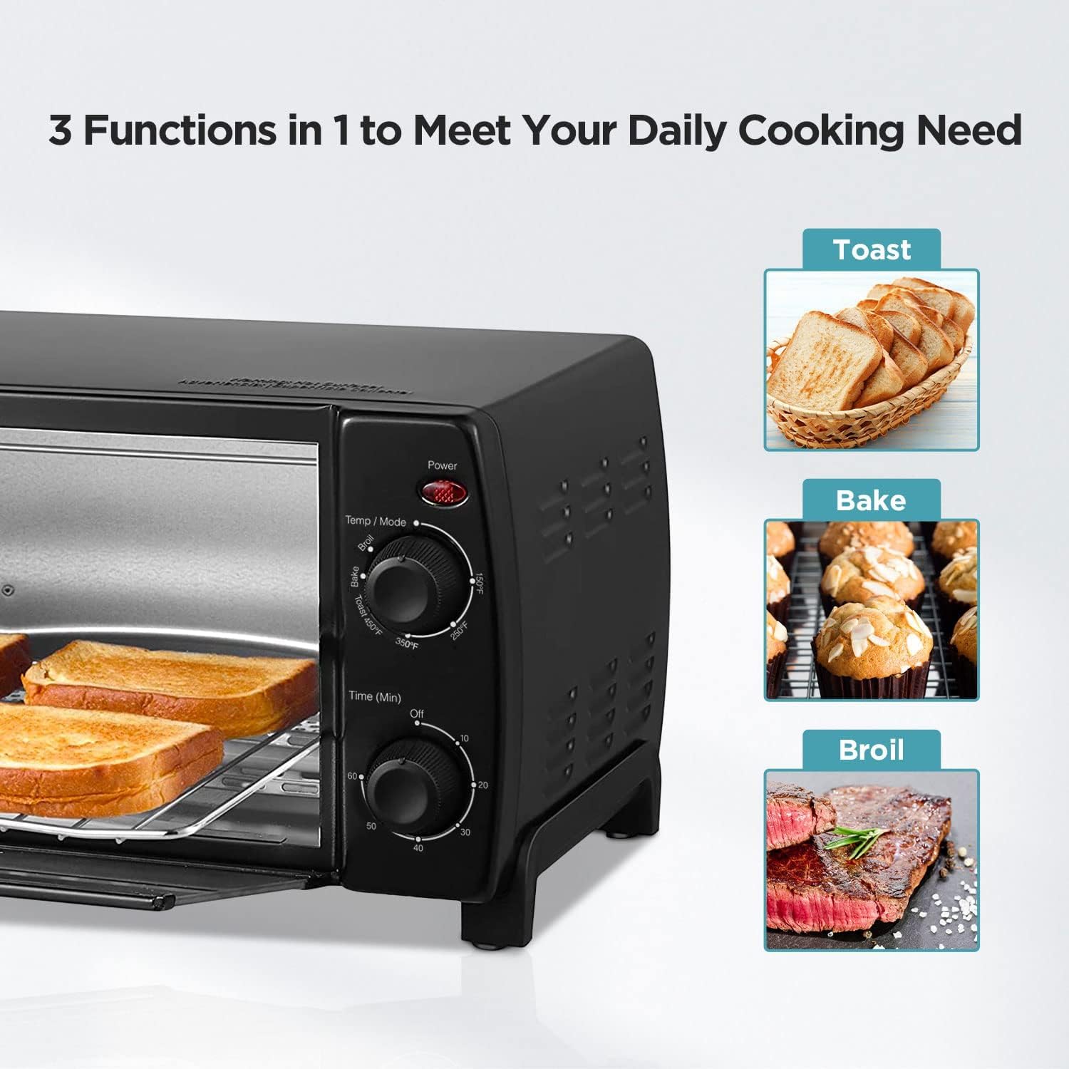 Dominion 4 Slice Small Toaster Oven Countertop, Retro Compact Design, Multi-Function with 30-Minute Timer, Bake, Broil, Toast, 1000 Watts, 2-Rack Capacity, Black