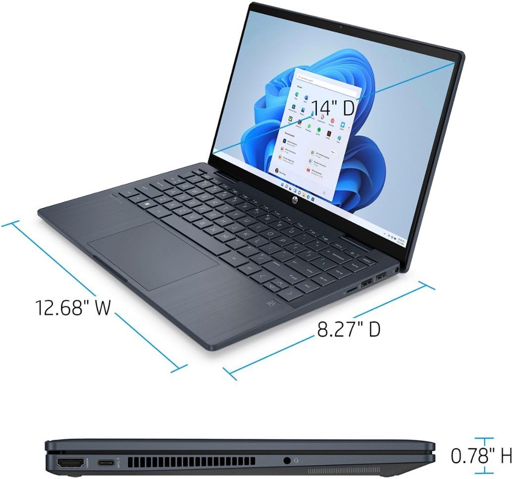 HP Pavilion X360 2-in-1 Touch Laptop for Business & Student, 14" FHD IPS, 12th Gen Intel 6-Core i3-1215U (Beat i7-1165G7), 8GB RAM, 512GB PCIe SSD, Webcam, USB-C, HDMI, Wi-Fi, Win 11 Pro, Space Blue