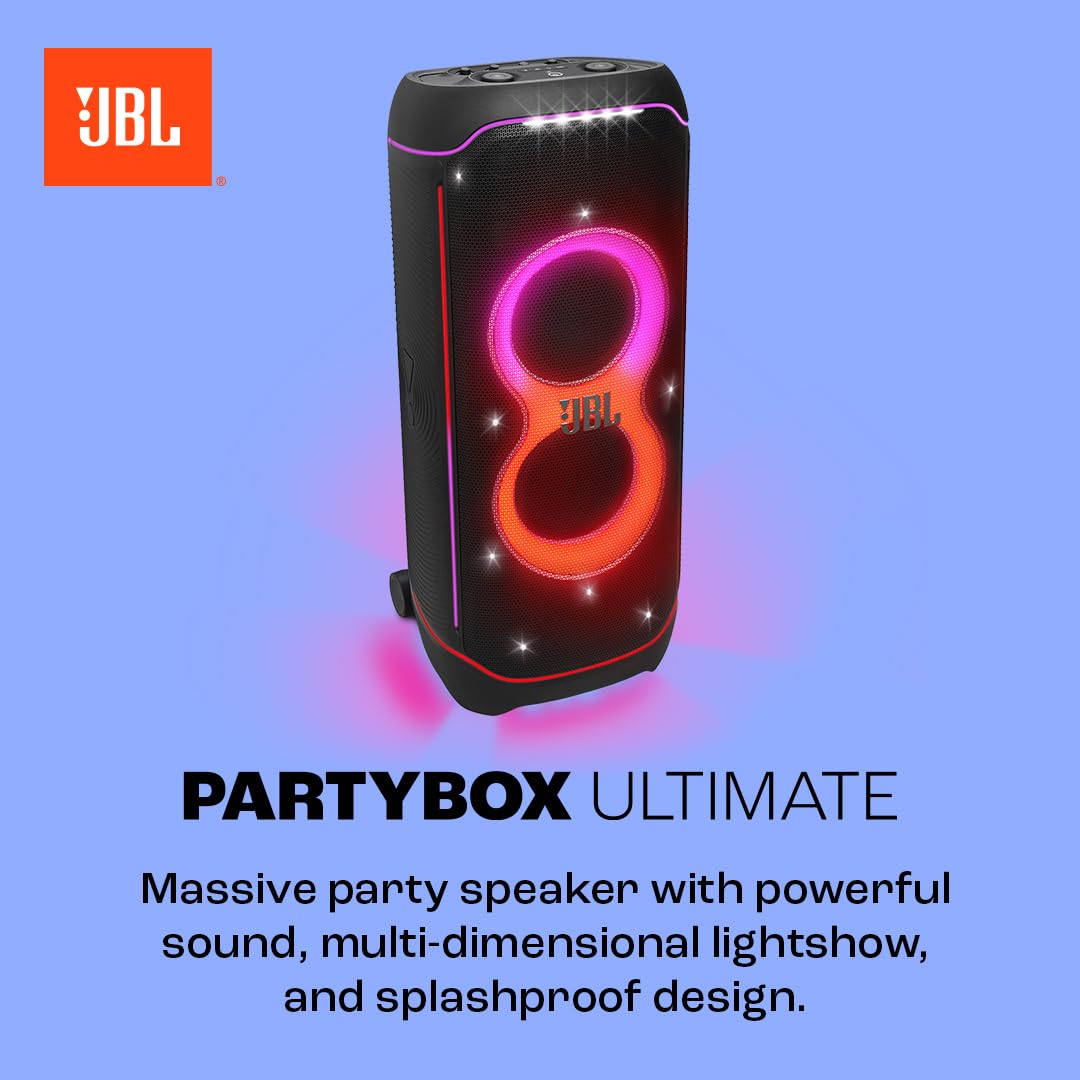 JBL Partybox Ultimate - Multi Purpose Party Speaker, with Wi-fi & Bluetooth Connectivity, Wireless, Lightshow, IPx4 Slashproof, Dual Mic & Guitar Inputs, Handle & Sturdy Wheels, Black