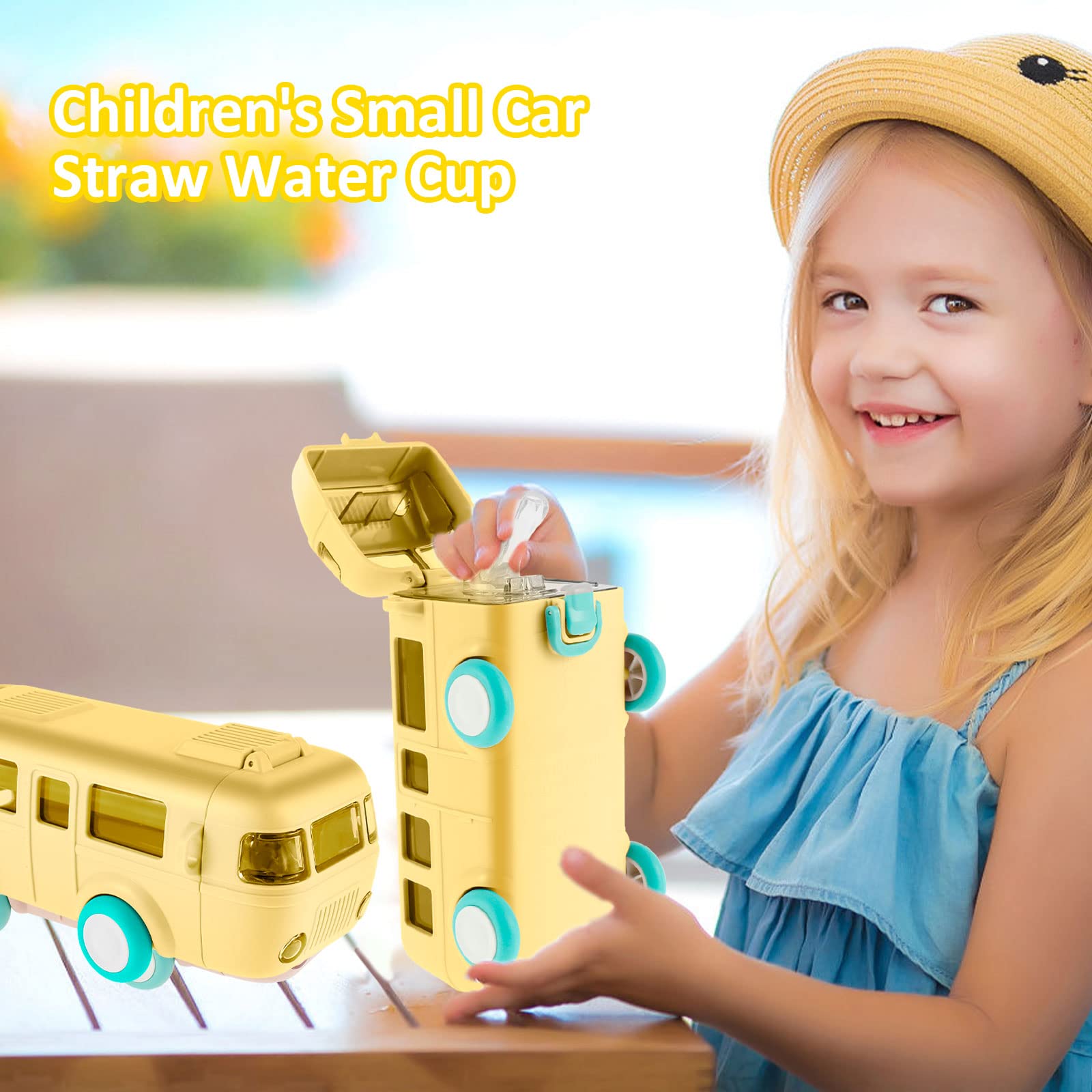 EUWBSSR Car Straw Water Cup 16oz Portable Detachable Bus Water Bottle with Shoulder Strap Leak-Proof Kids Small Drinking Cup Cute Cartoon Water Jug Toy Locking Flip Lid Water Kettle for Kids (Yellow)