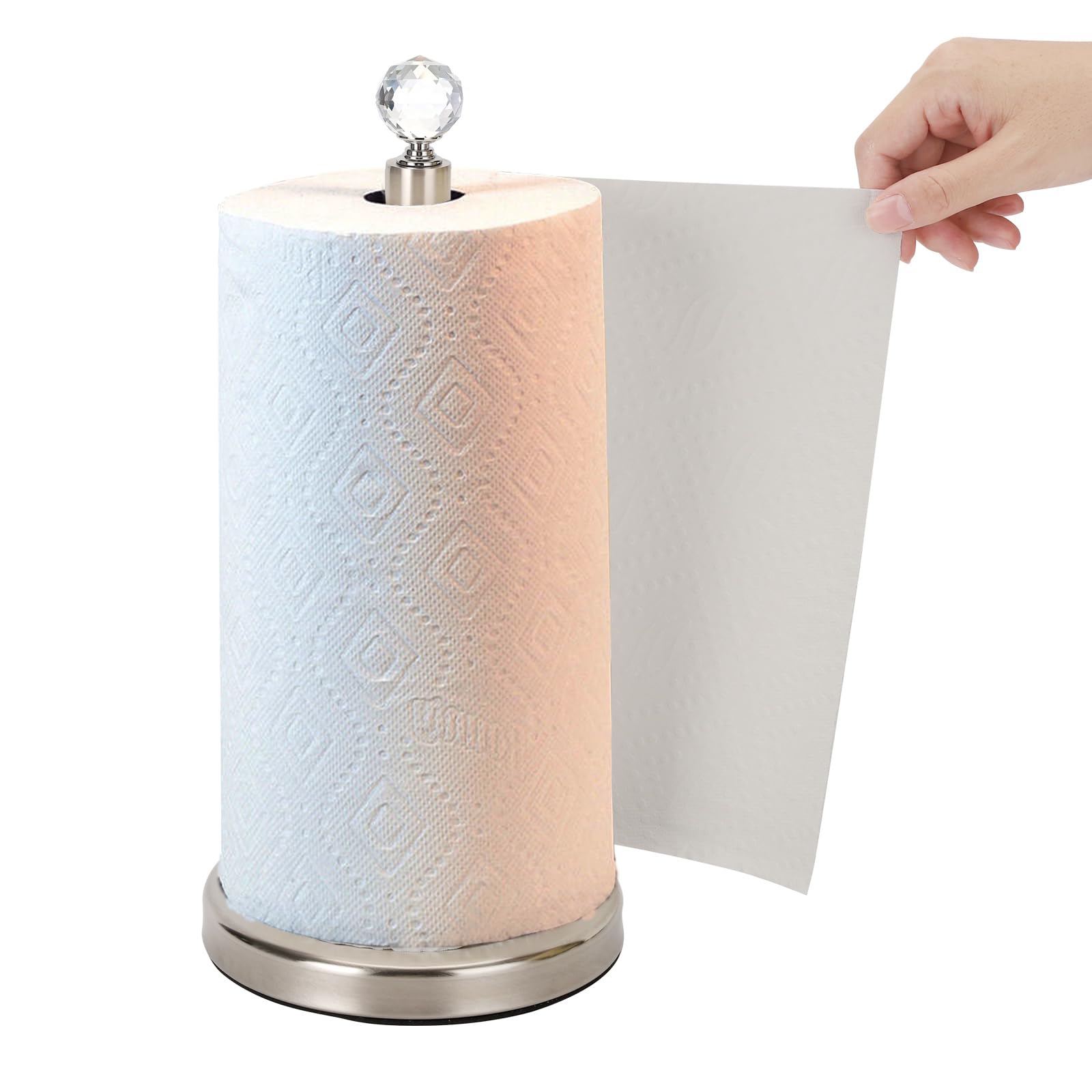 Paper Towel Holder Stand with Sturdy Base, Elegant Crystal Knob, Free Standing Paper Towel Holder Countertop One-Handed Ripping Paper Off