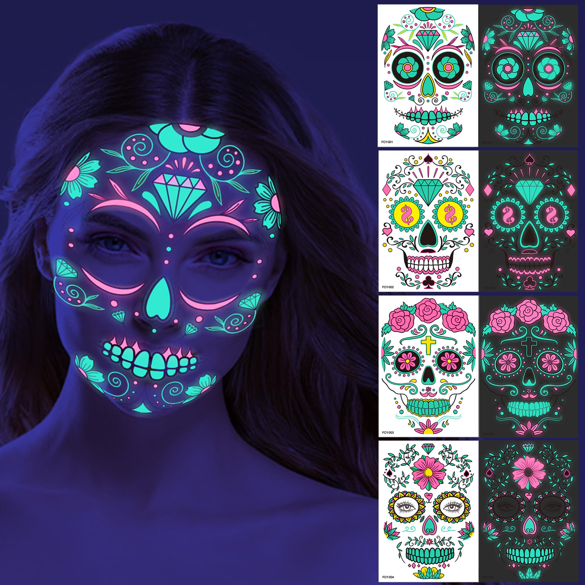 4 Sheets Halloween Temporary Face Tattoos Luminous Glow in the Dark Tattoos Waterproof Floral Day of the Dead Sugar Skull Face Stickers UV Neon Mask Tattoo for Halloween Masquerade Party