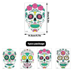 4 Sheets Halloween Temporary Face Tattoos Luminous Glow in the Dark Tattoos Waterproof Floral Day of the Dead Sugar Skull Face Stickers UV Neon Mask Tattoo for Halloween Masquerade Party