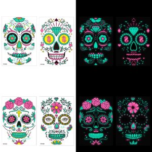 4 Sheets Halloween Temporary Face Tattoos Luminous Glow in the Dark Tattoos Waterproof Floral Day of the Dead Sugar Skull Face Stickers UV Neon Mask Tattoo for Halloween Masquerade Party