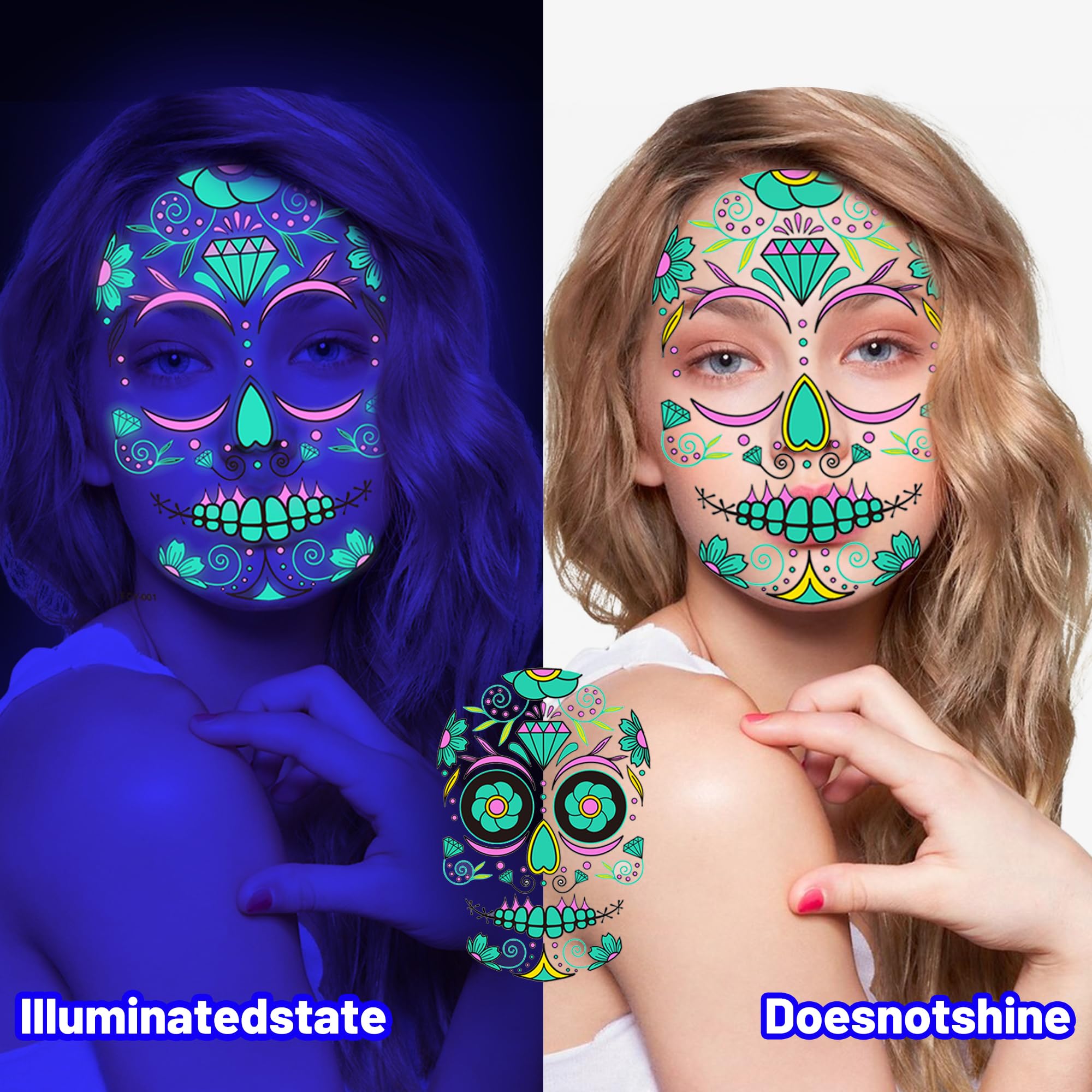 4 Sheets Halloween Temporary Face Tattoos Luminous Glow in the Dark Tattoos Waterproof Floral Day of the Dead Sugar Skull Face Stickers UV Neon Mask Tattoo for Halloween Masquerade Party