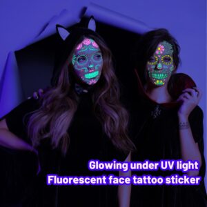 4 Sheets Halloween Temporary Face Tattoos Luminous Glow in the Dark Tattoos Waterproof Floral Day of the Dead Sugar Skull Face Stickers UV Neon Mask Tattoo for Halloween Masquerade Party