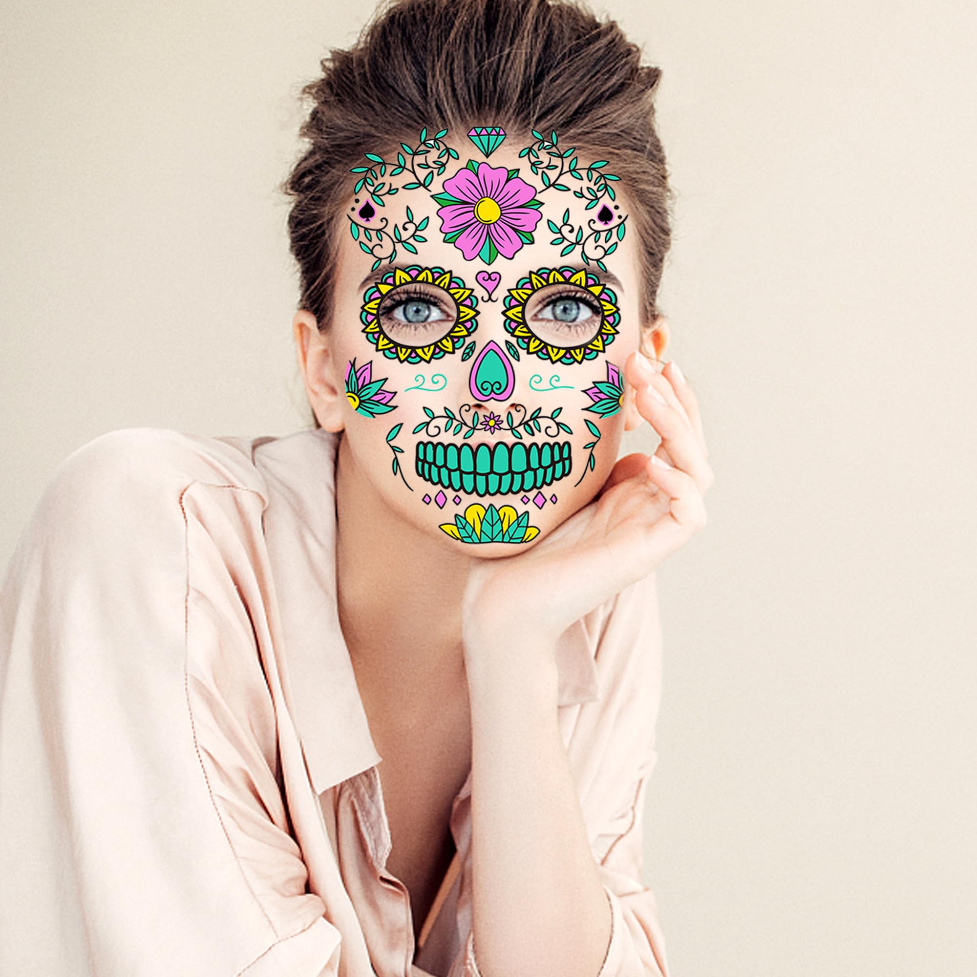 4 Sheets Halloween Temporary Face Tattoos Luminous Glow in the Dark Tattoos Waterproof Floral Day of the Dead Sugar Skull Face Stickers UV Neon Mask Tattoo for Halloween Masquerade Party