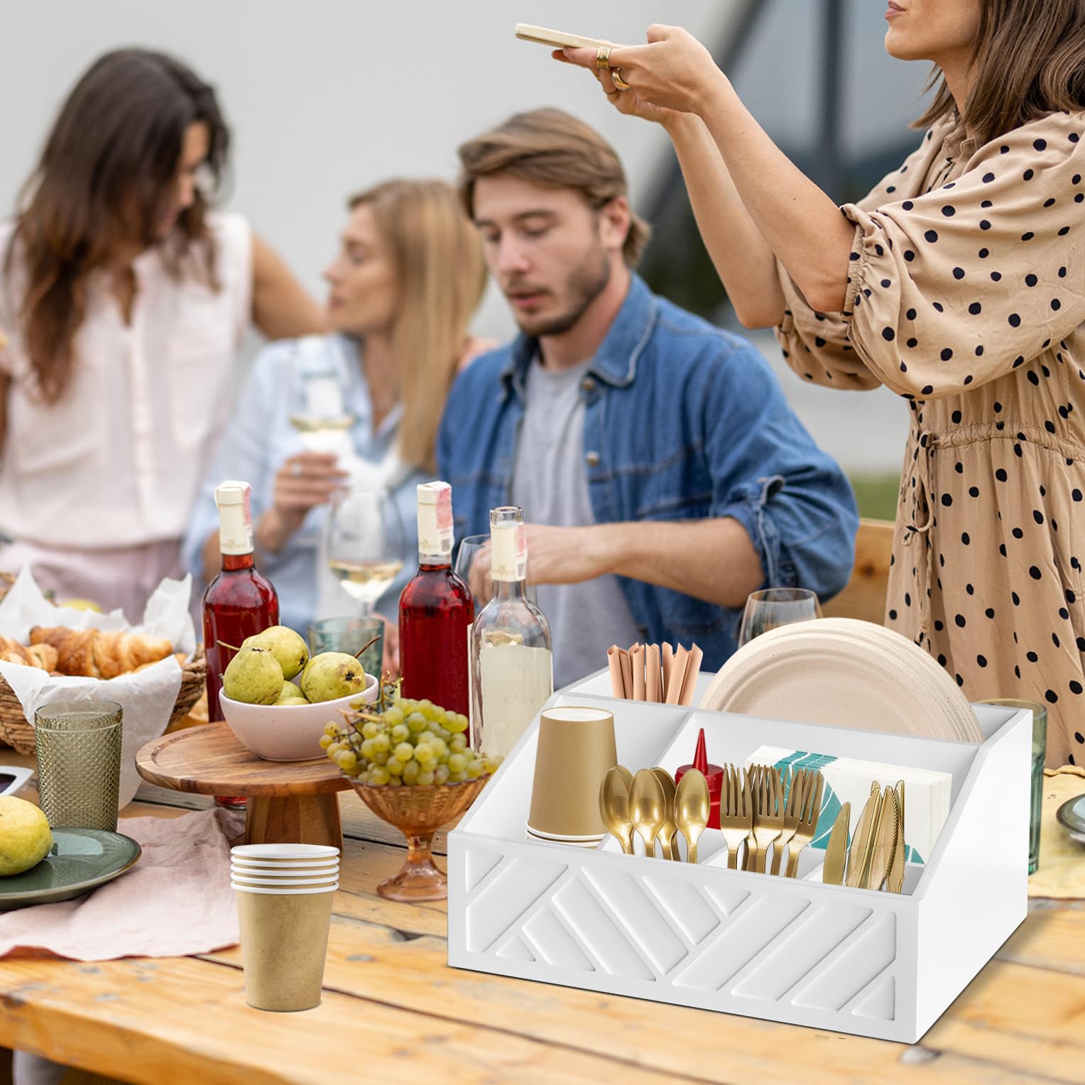 Paper Plate Dispenser, Paper Plate Holder for Kitchen Counter, Wood Rustic Silverware Utensil Caddy, Cutlery Flatware Organizer Box for Cups Spoons Forks Plates Napkins, Kitchen Accessories (White)