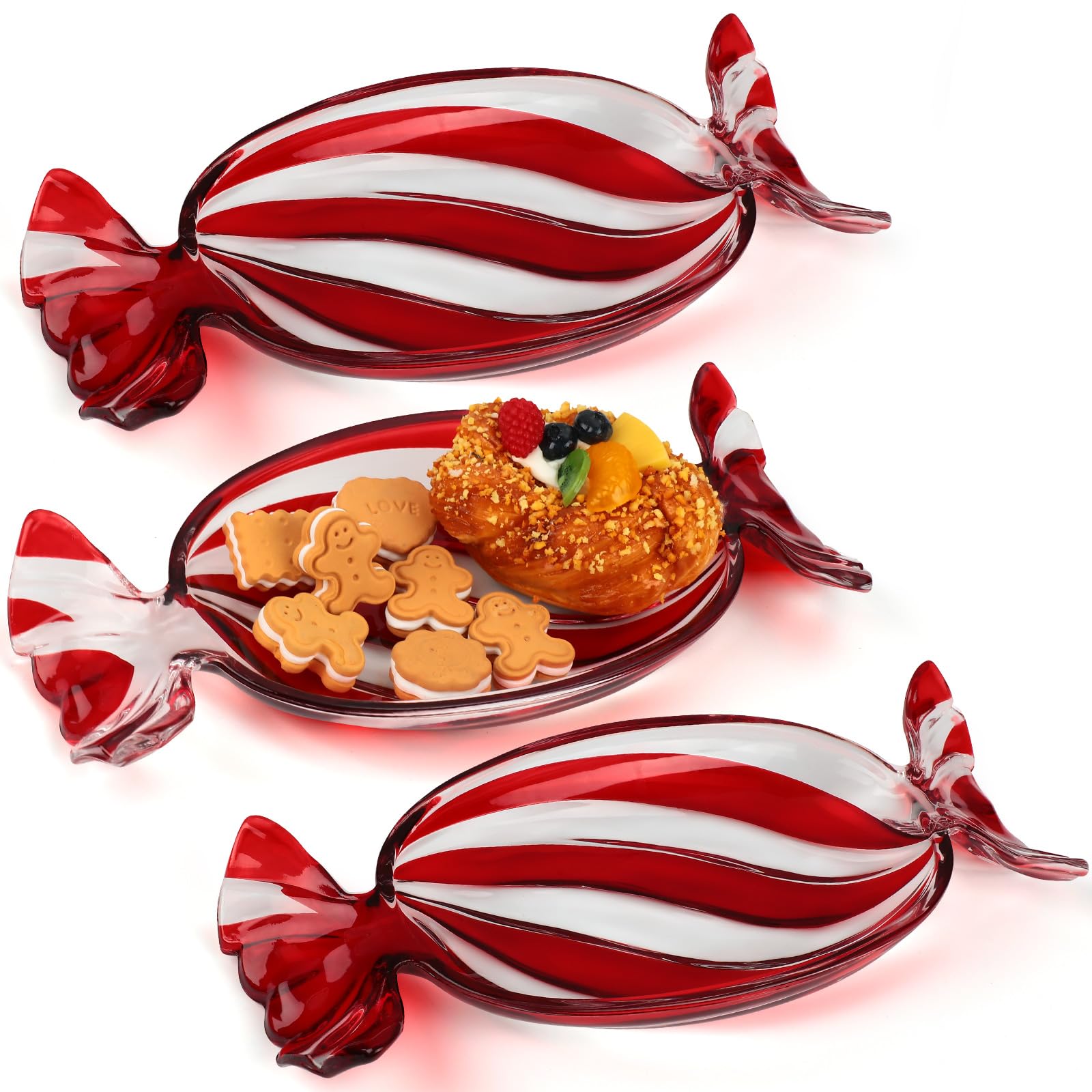 Sliner Christmas Holiday Candy Dish Peppermint Candy Tray Christmas Serving Dishes Candy Cane Christmas Dish Decoration Holiday Candy Bowl Crystal Glass Fruit Plate for Xmas Party(Red, 3Pcs)